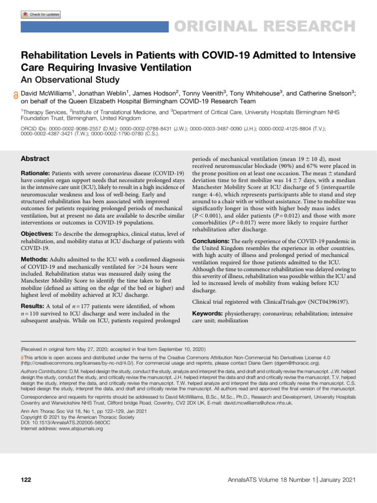 CQ2,Rehabilitation Levels in Patients with COVID-19 Admitted to Intensive Care Requiring ...