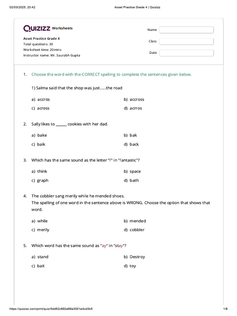 Asset Practice Grade 4 - Quizizz | PDF