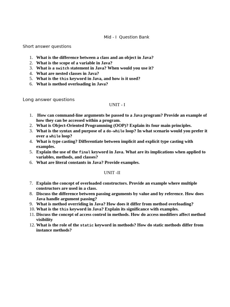 JAVA__MID-1_QUESTION_BANK[1] | PDF