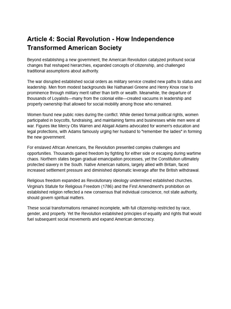 Social Changes Post-American Revolution | PDF