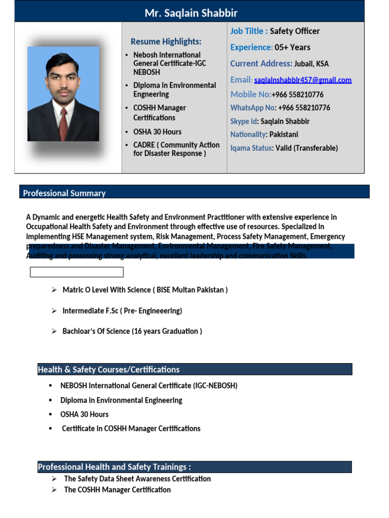 Safety Officer (Aramco Approved) Saqlain Shabbir CV | PDF | Occupational Safety And Health | Safety