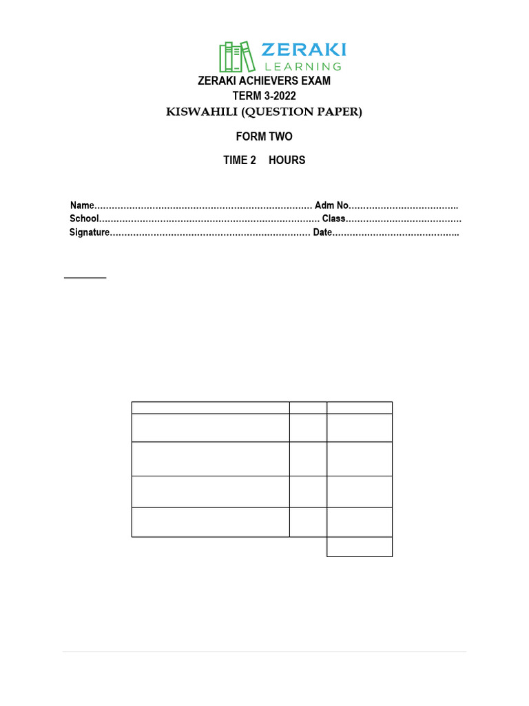 Kiswahili Form 2-Zeraki Achievers 5.0 - Question Paper | PDF