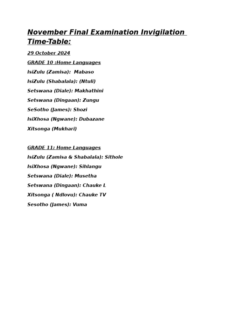 November Final Examination Invigilation Time-Table | PDF