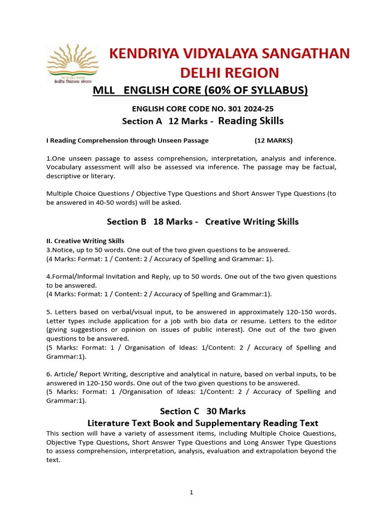 60 MLL English Core Class Xii 2024-25 | PDF | Reading Comprehension ...