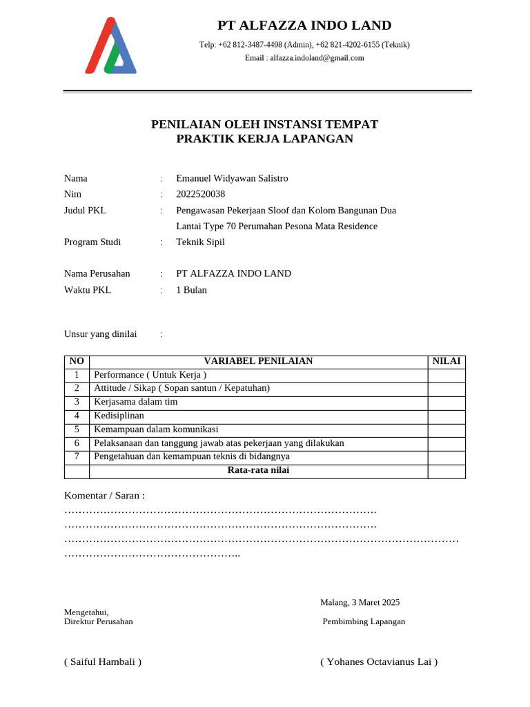 FORM-PENILAIAN-PKL Emanuel | PDF