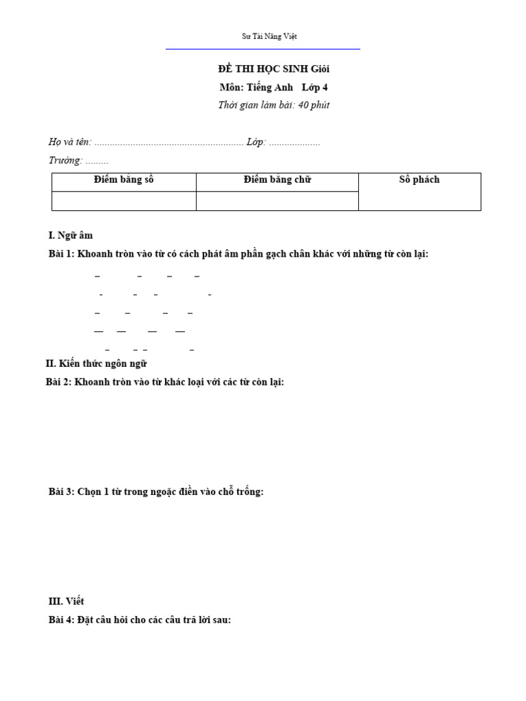 De Thi Hoc Sinh Gioi Tieng Anh Lop 4 de Thi Hoc Sinh Nang Khieu Mon Tieng Anh Lop 4 | PDF