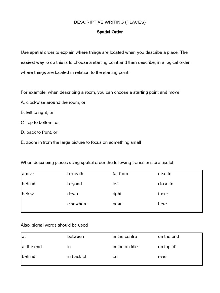 Descriptive Writing (Places) - Spatial Order | PDF