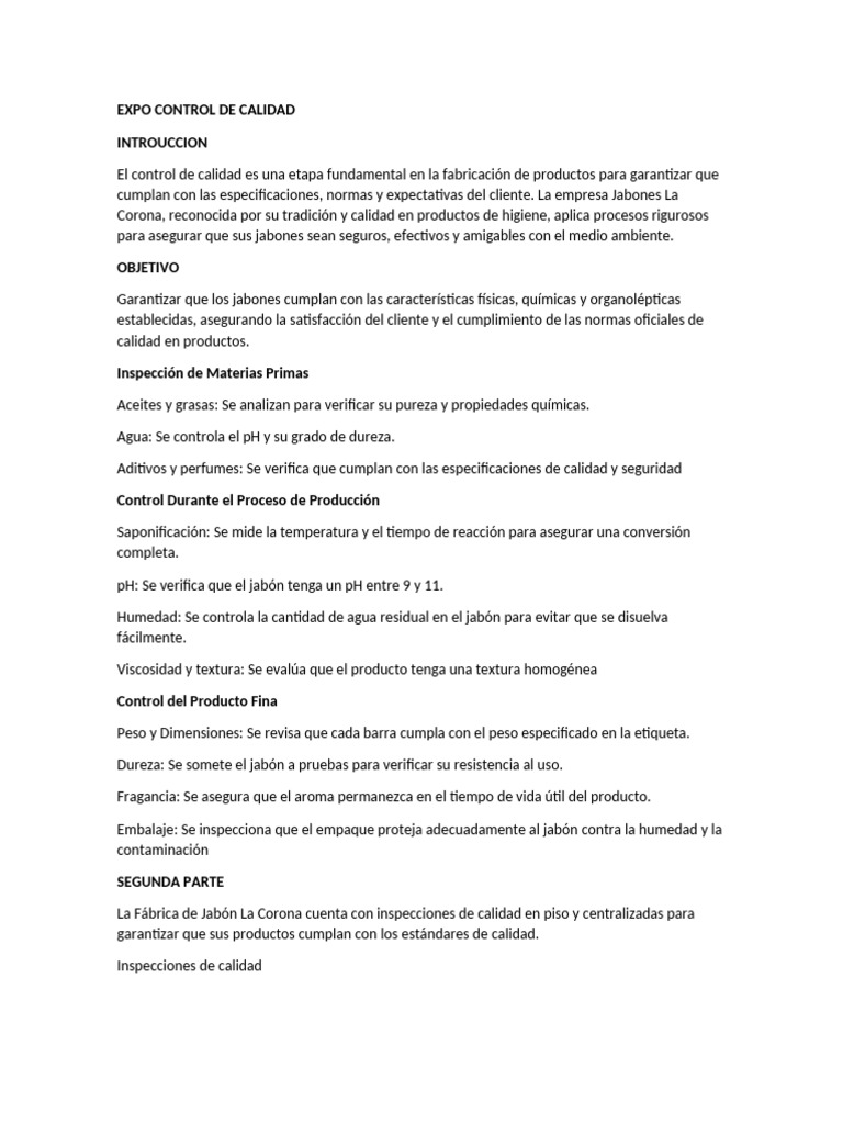 EXPO CONTROL DE CALIDAD | PDF | Jabón | Agua