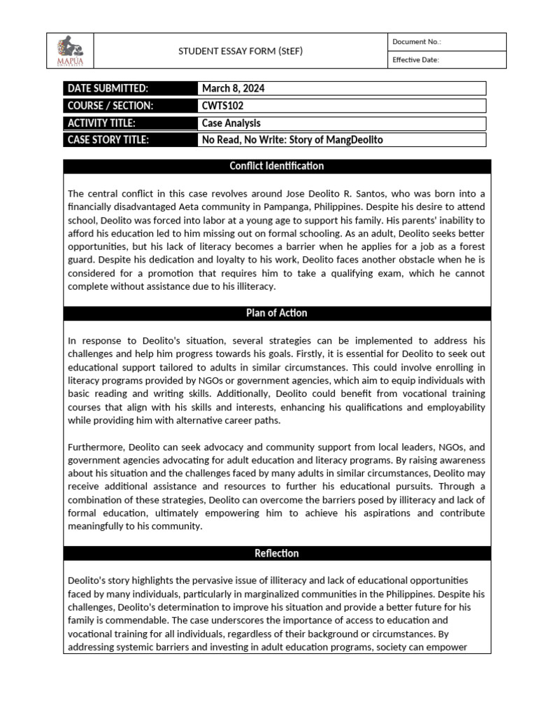 Form - Case Analysis Essay No Read, No Write - Story of Mang Deolito | PDF | Literacy | Adult ...