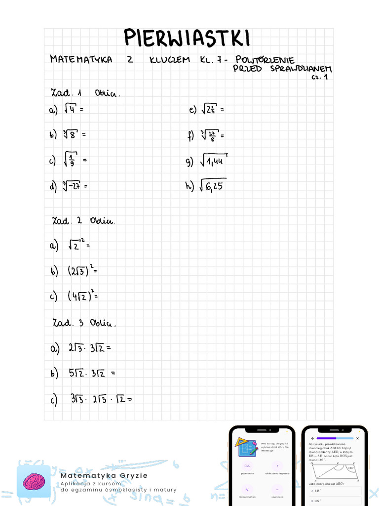 Zadania na sprawdzian matematyka z kluczem klasa 7 - pierwiastki | PDF