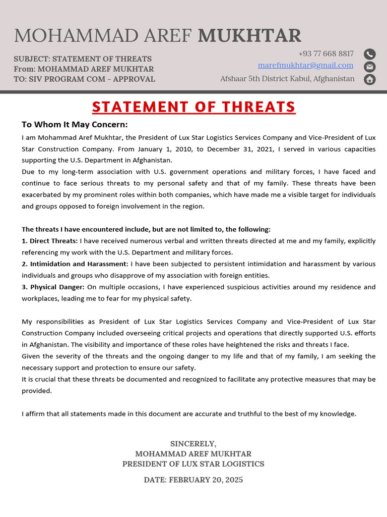 Statement of Threats - Mukhtar Mohammad Aref | PDF | Violence | Aggression