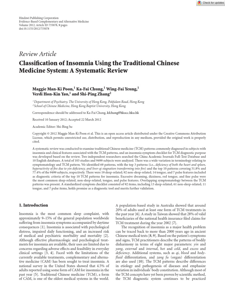 Evidence-Based Complementary and Alternative Medicine - 2012 - Poon - Classification of Insomnia ...