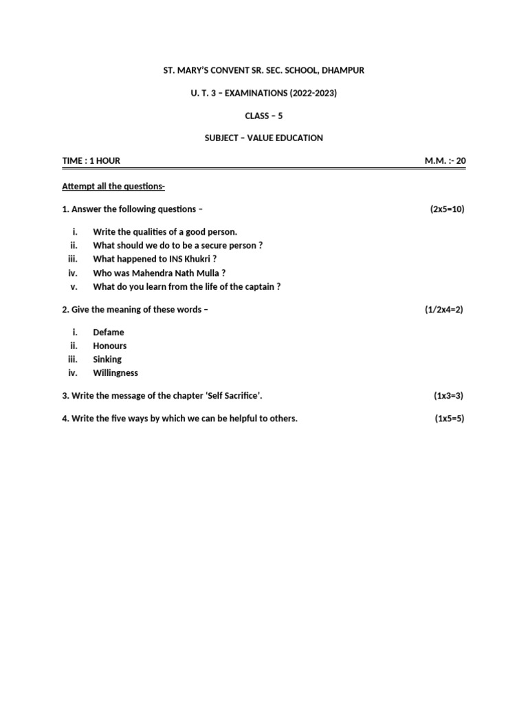 Class 5 Value Education Exam Paper | PDF