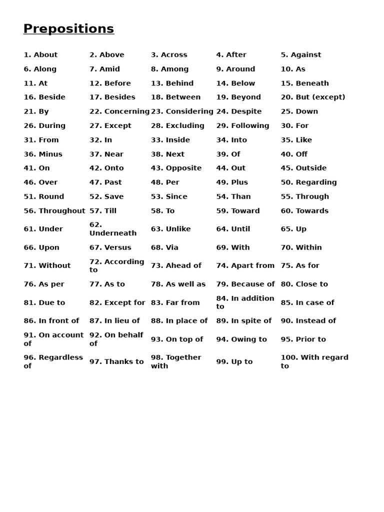Comprehensive List of Prepositions | PDF