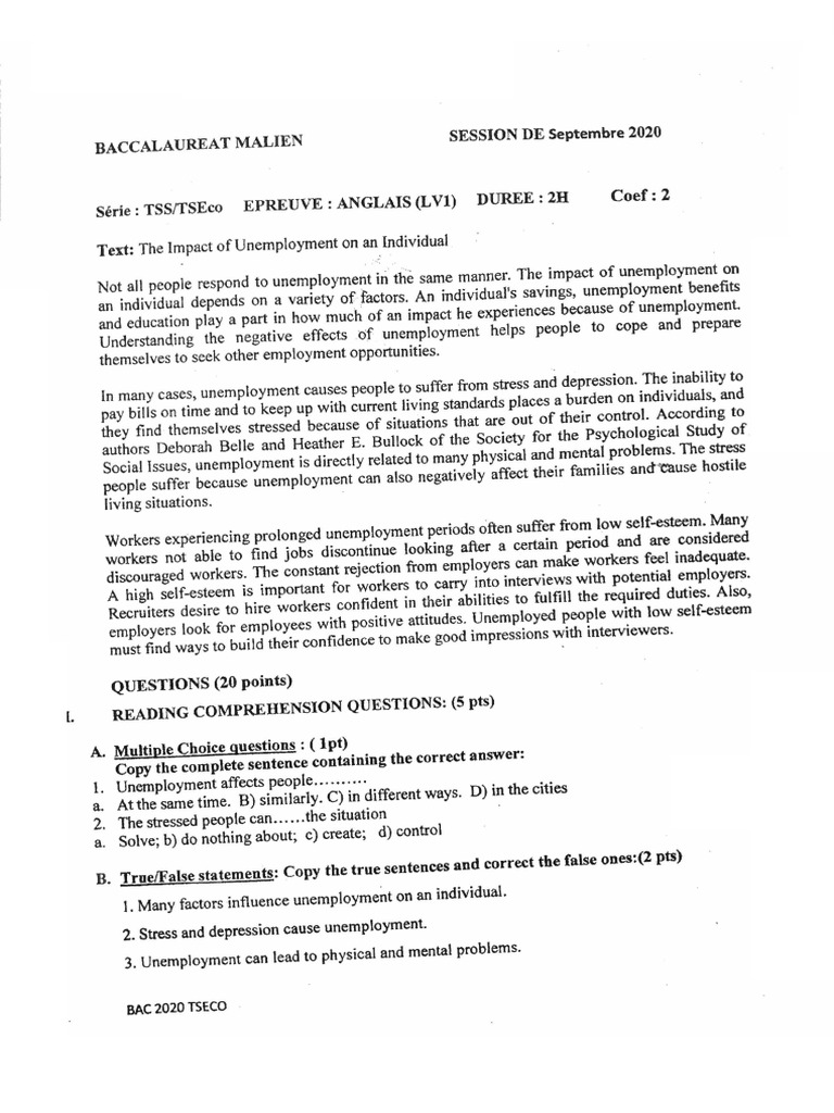 Bac Tss Tseco 2020 Lv1 Anglais | PDF