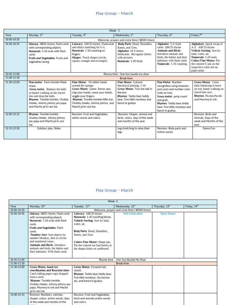 Playgroup Lesson Plan March 2025 Rushabh | PDF