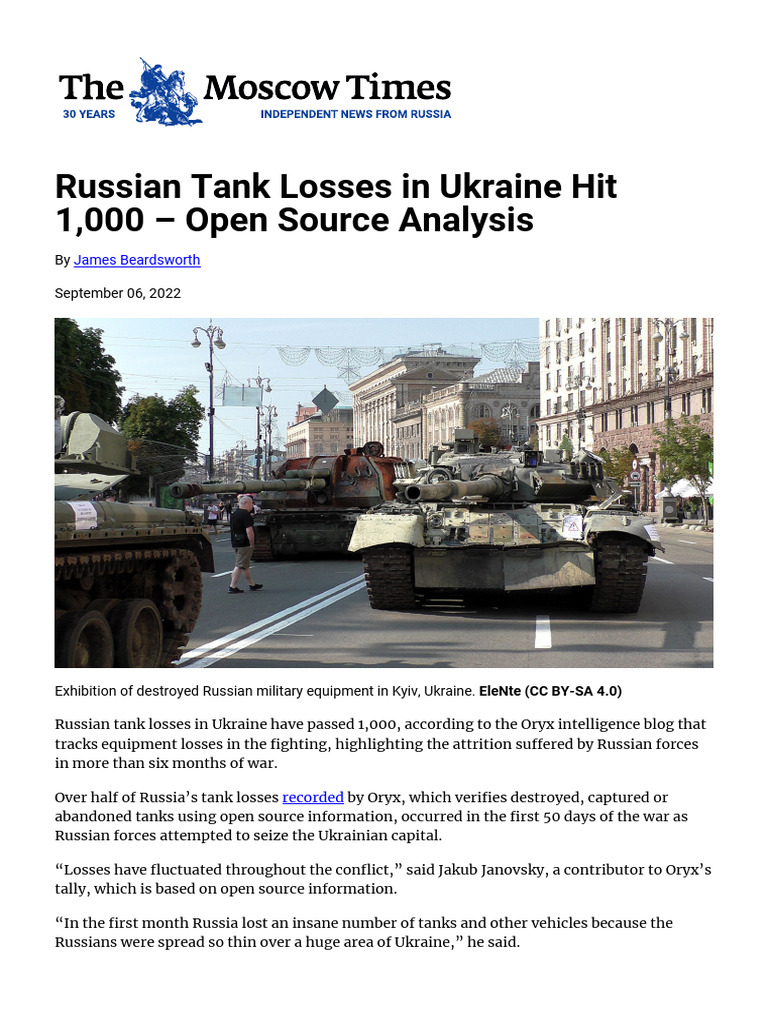 Russian Tank Losses in Ukraine Hit 1,000 - Open Source Analysis | PDF ...