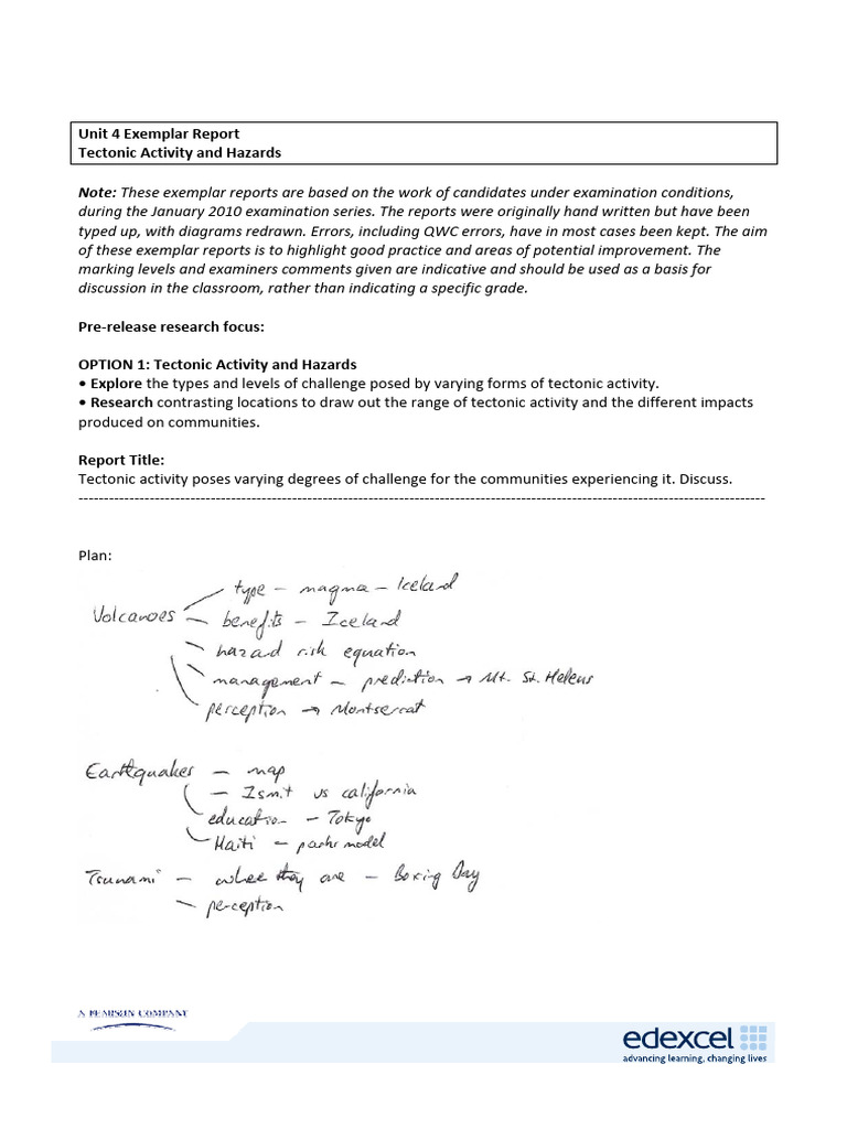 GCE Geography Unit 4 Example Report Tectonic Activity and Hazards ...