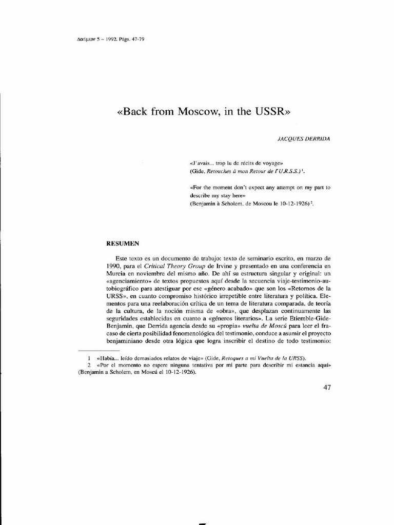 Derrida - Back From Moscow | PDF