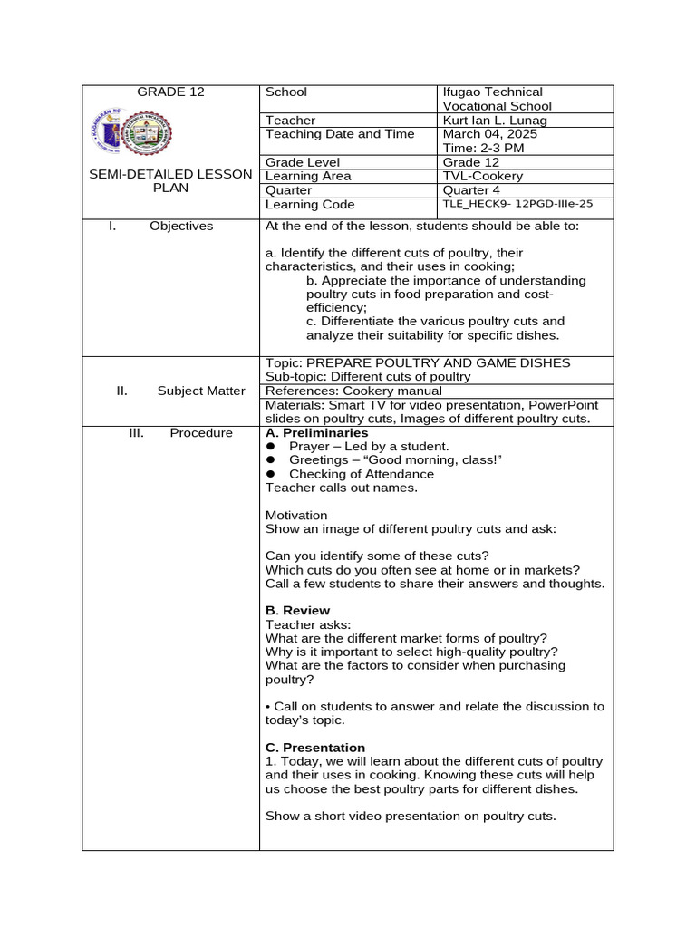 Semi DL-March 04,2025 (Different Cuts of Poultry) | PDF | Animal ...