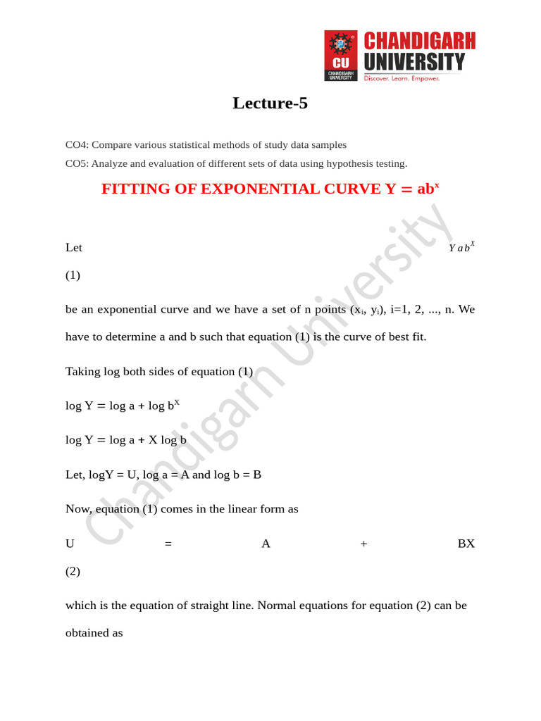 Lecture-5(Fitting of a Exponential Curve) | PDF | Equations | Logarithm