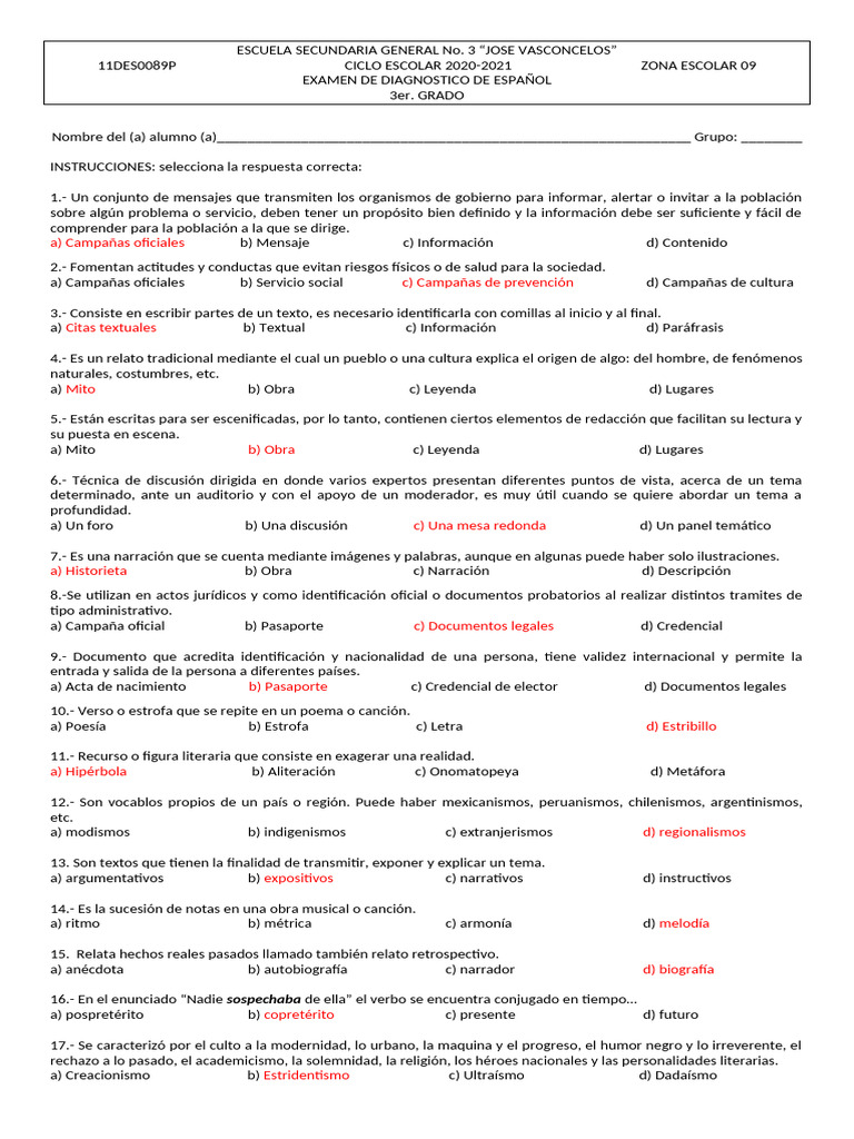 EXAMEN DE DIAGNOSTICO ESPAÑOL 3er. GRADO 20-21 | PDF