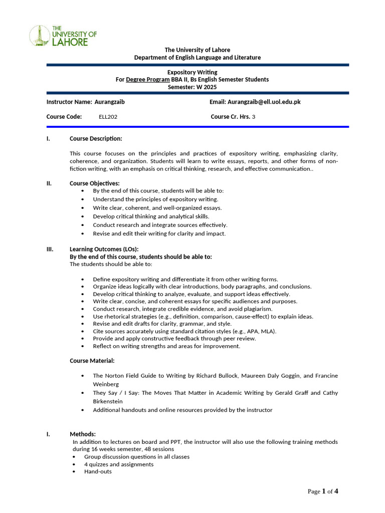 Course Outline Expository Writing | PDF | Essays | Critical Thinking