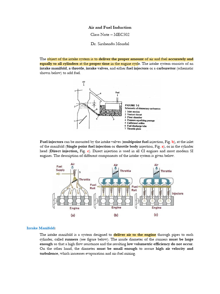 Air and Fuel Induction - Class Note | PDF | Internal Combustion Engine ...