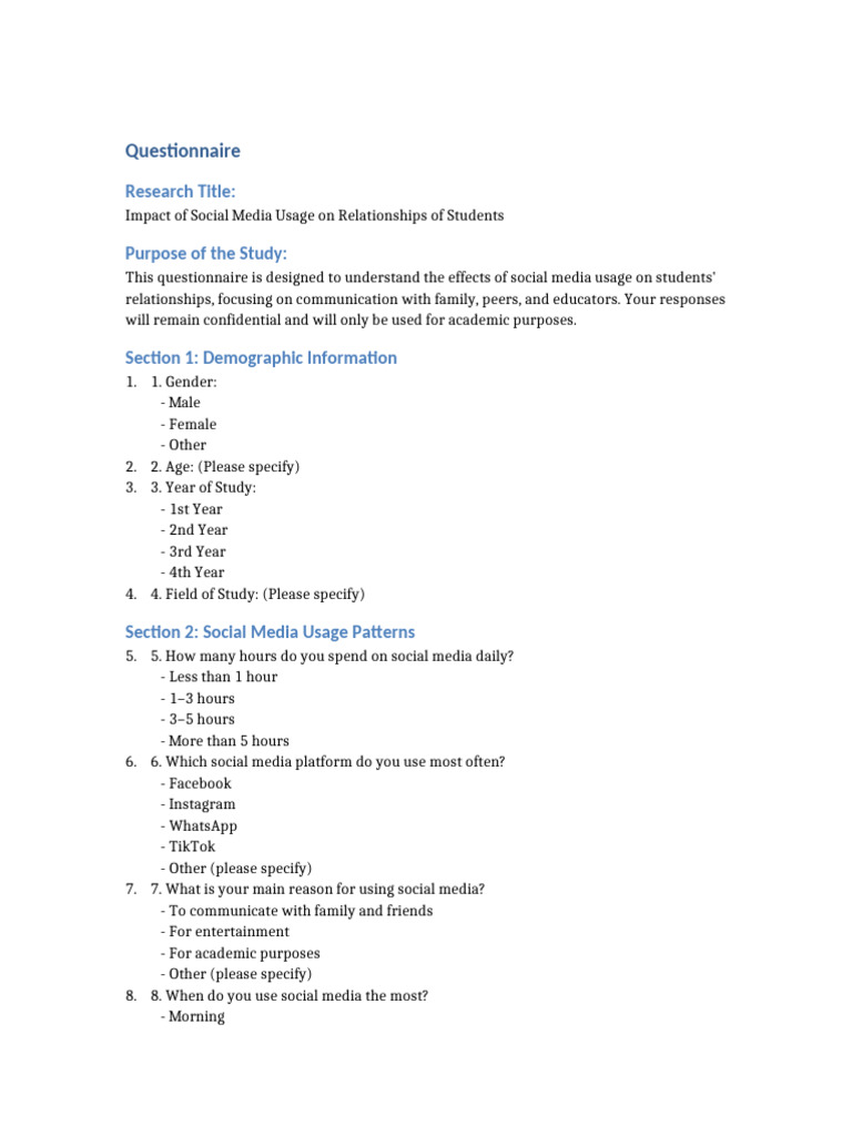 Social Media Questionnaire | PDF | Interpersonal Relationships | Psychological Concepts