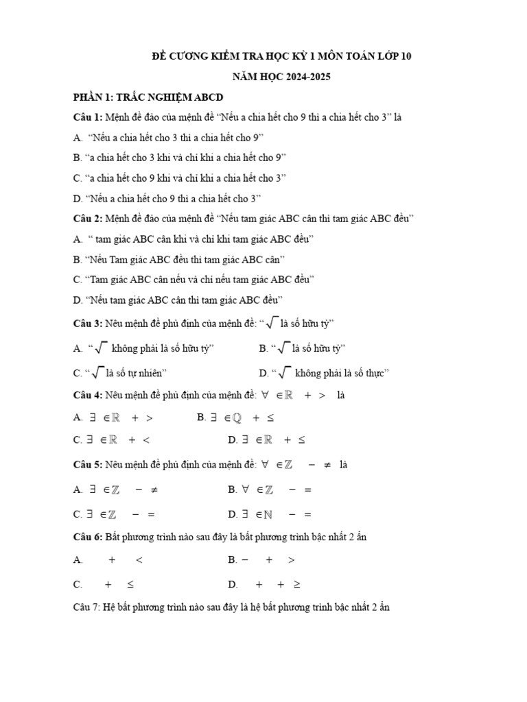 ĐỀ CƯƠNG ÔN TẬP TOÁN KHỐI 10 HK1 | PDF