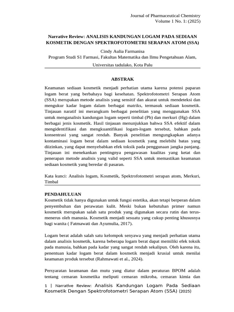 Narrative Review: ANALISIS KANDUNGAN LOGAM PADA SEDIAAN KOSMETIK DENGAN ...