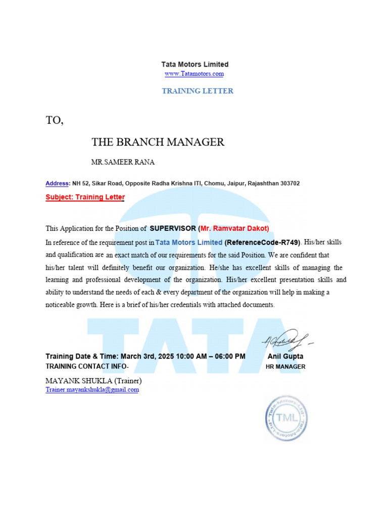 Training Letter (Ramvatar Dakot) | PDF