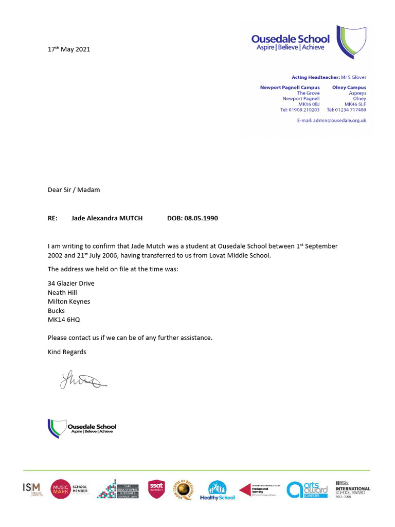 Jade Mutch Ousedale School Attendance Confirmation | PDF