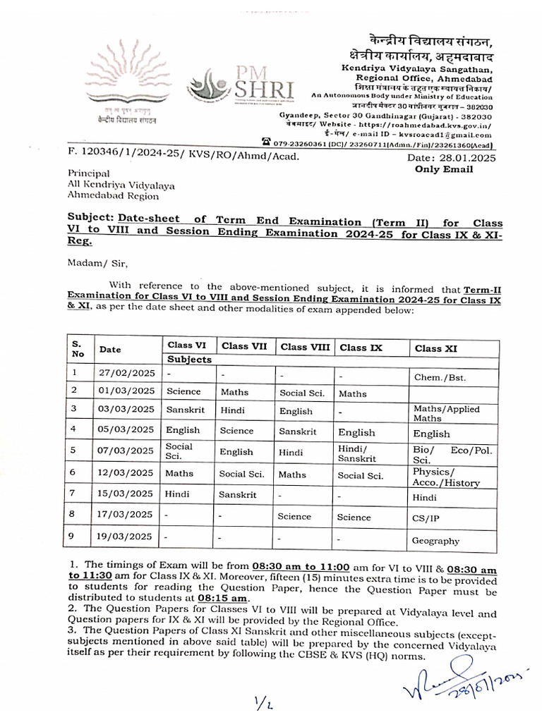 Date-Sheet of Term End Examination (Term II) For Class VI To VIII and ...