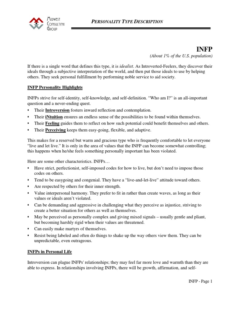 INFP Personality Highlights: (About 1% of The U.S. Population) | PDF ...