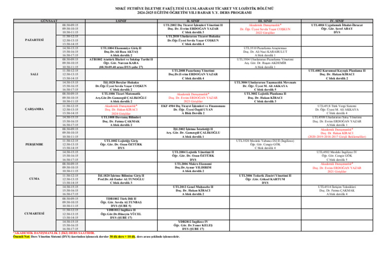 Uluslararası Ticaret Ve Lojistik Bölümü 2024-2025 BAHAR Dönemi Ders Programı | PDF