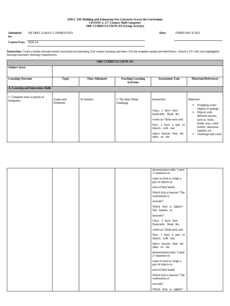Educ130 Lesson2 OBE Curriculum Plan.v2 | PDF | Shape | Curriculum