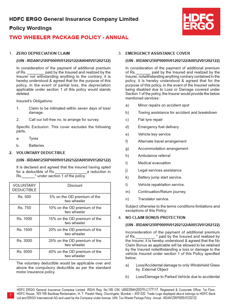 Two Wheeler Package Policy Annual Add Ons Policy Wordings | PDF ...