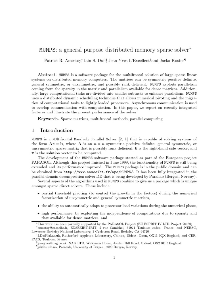Mumps:: A General Purpose Distributed Memory Sparse Solver | PDF | Matrix (Mathematics ...