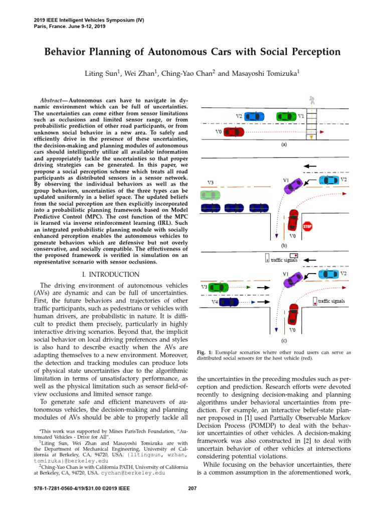 Behavior Planning of Autonomous Cars with Social Perception | PDF ...