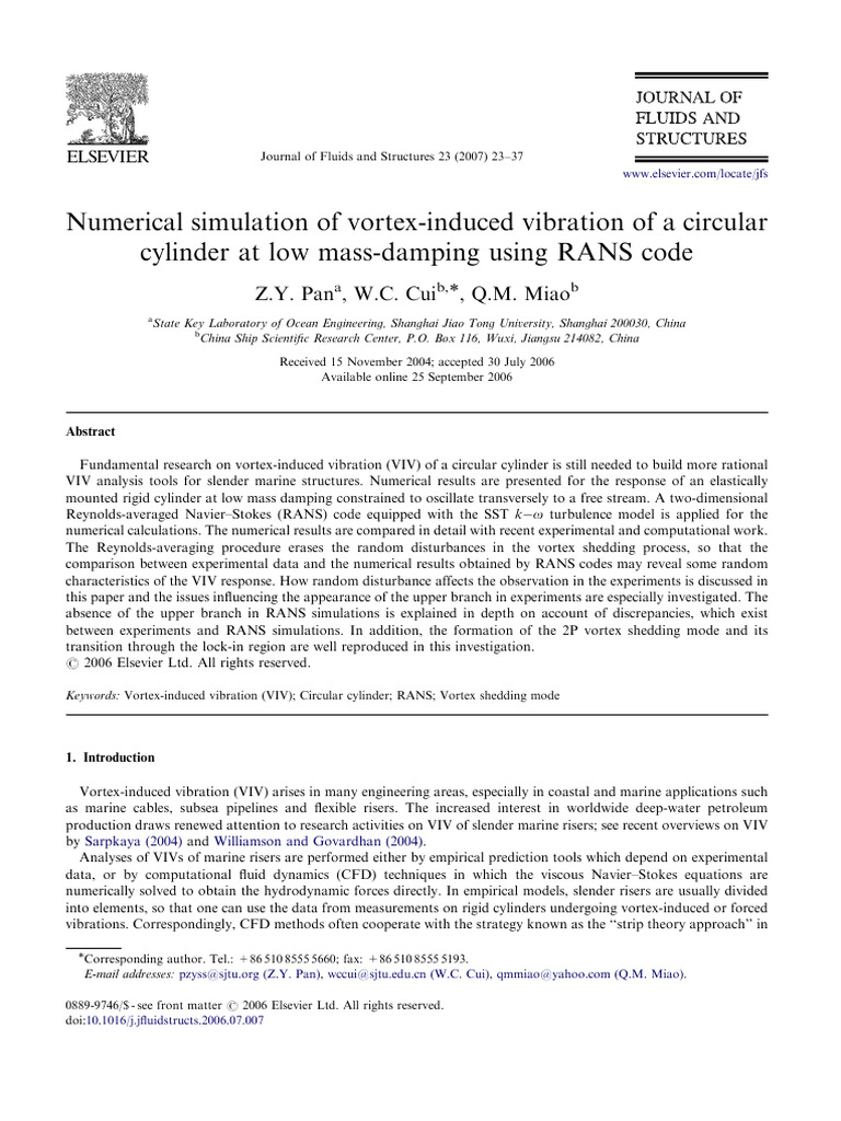 2007 JFS 潘志远 Numerical simulation of vortex-induced vibration of a circular cylinder at low mass ...