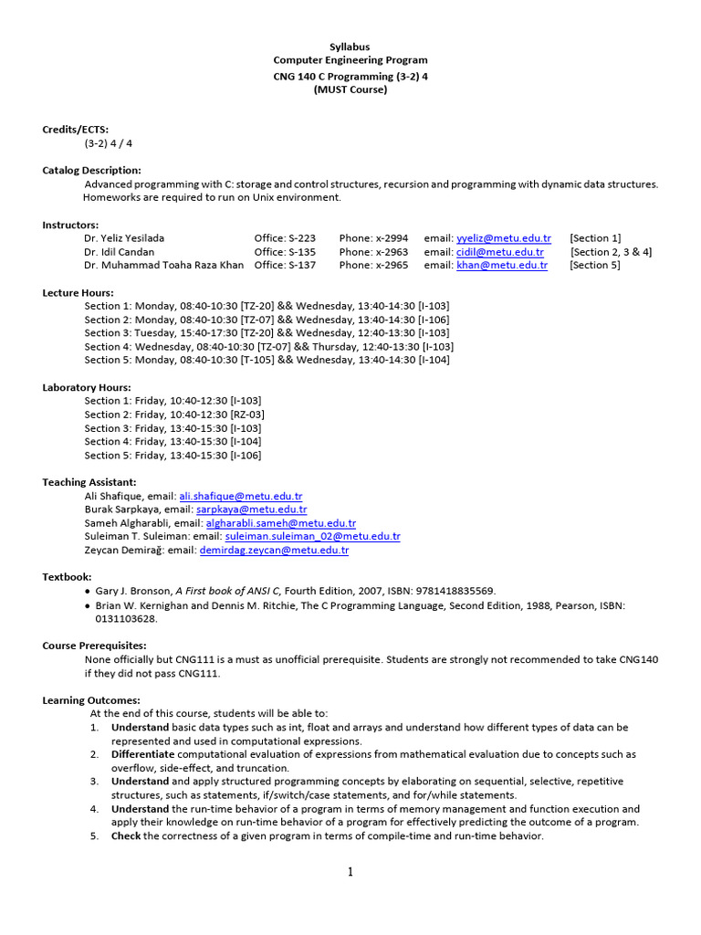CNG140 Spring 2024 2025 Syllabus | PDF | Pointer (Computer Programming ...