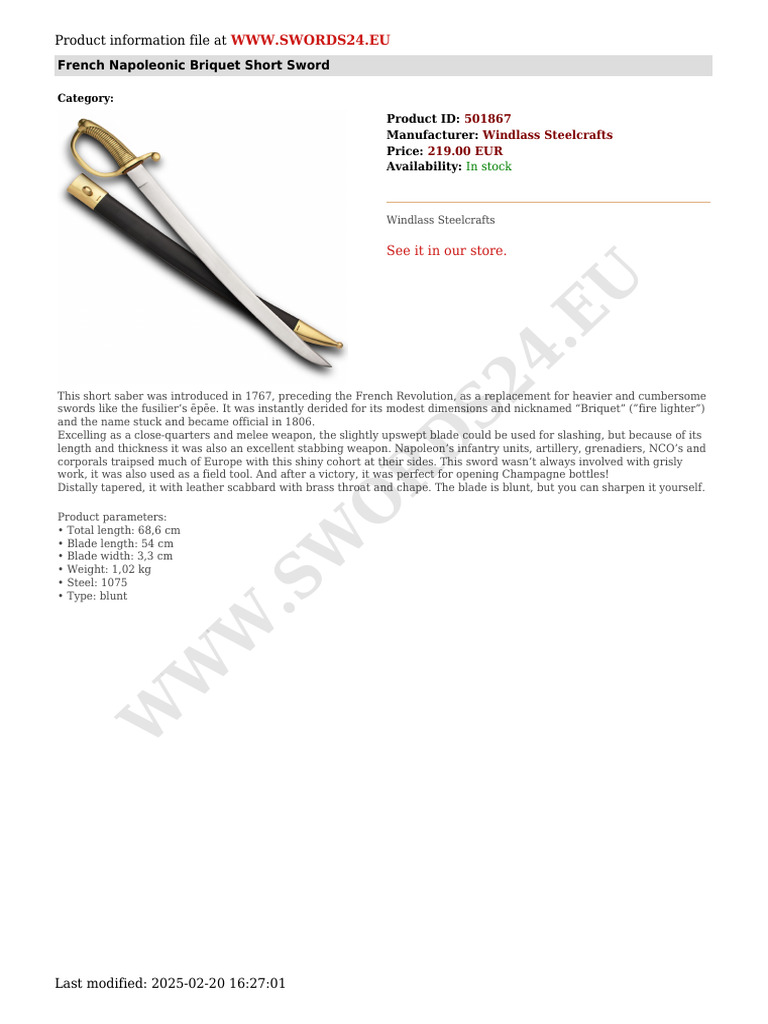 Windlass_Steelcrafts_French_Napoleonic_Briquet_Short_Sword_501867_en | PDF