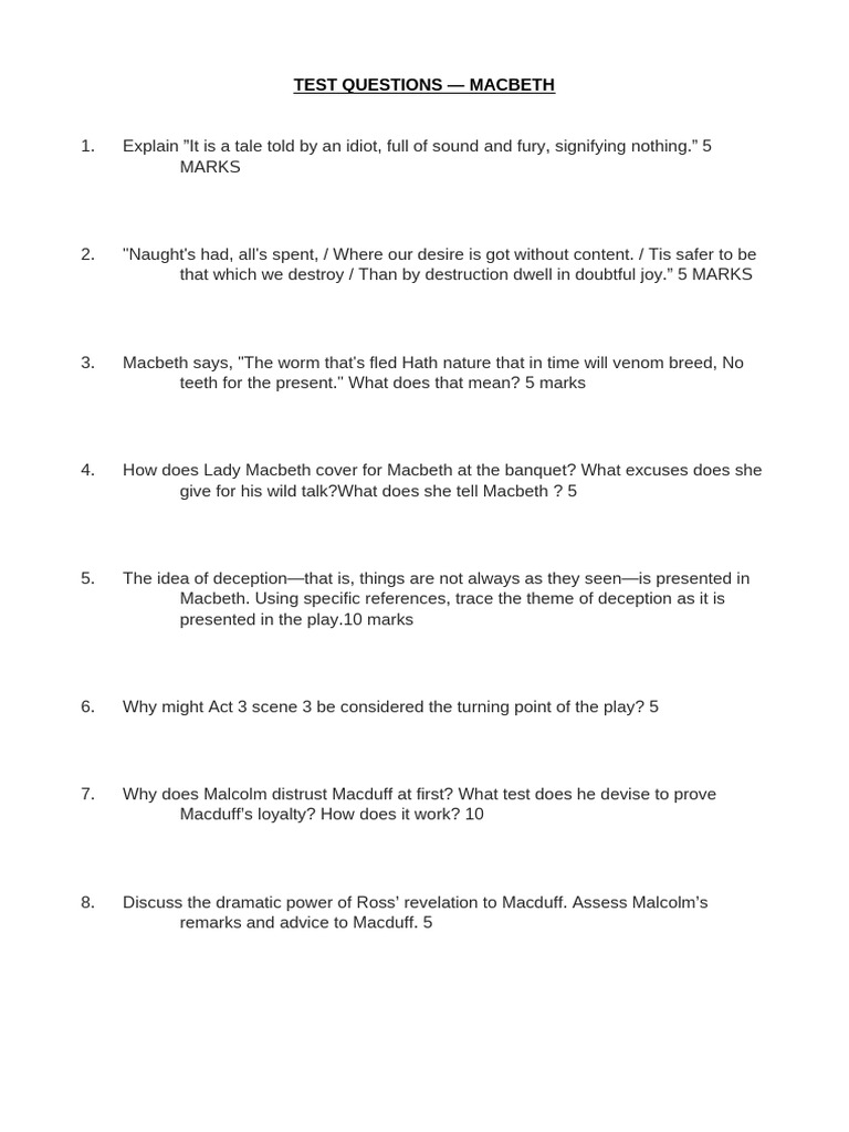 Macbeth Exam Questions & Analysis | PDF