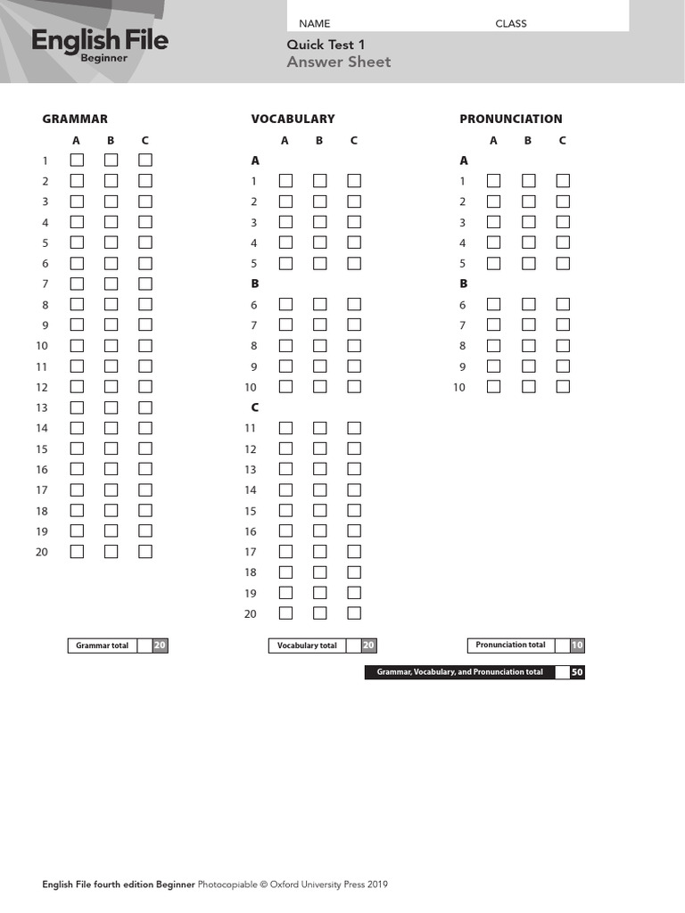English File Beginner Test Answer Sheet | PDF | Human Communication ...