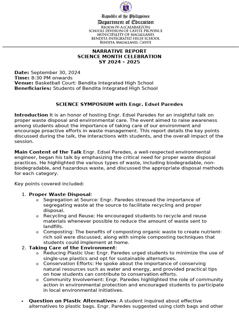Narrative Report Science Symposium 2024-2025 | PDF | Waste Management ...