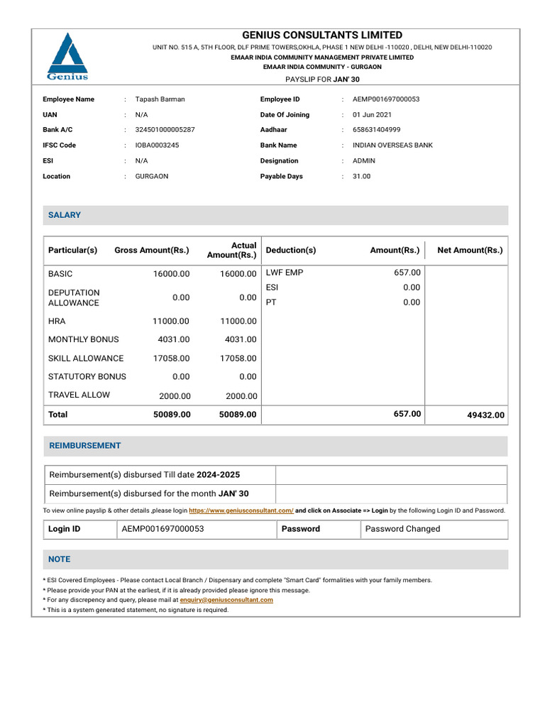 Emaar India Employee Payslip January 2023 | PDF | Payments | Employment ...