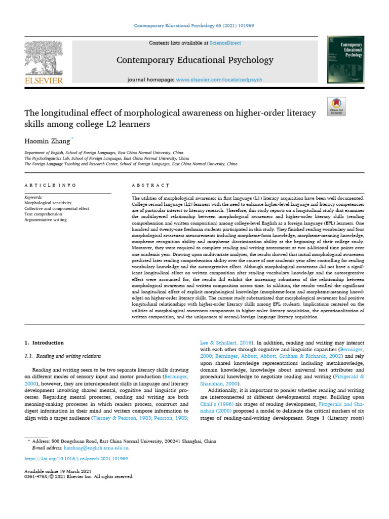 Morphological Awareness and Literacy Skills | PDF | Second Language ...