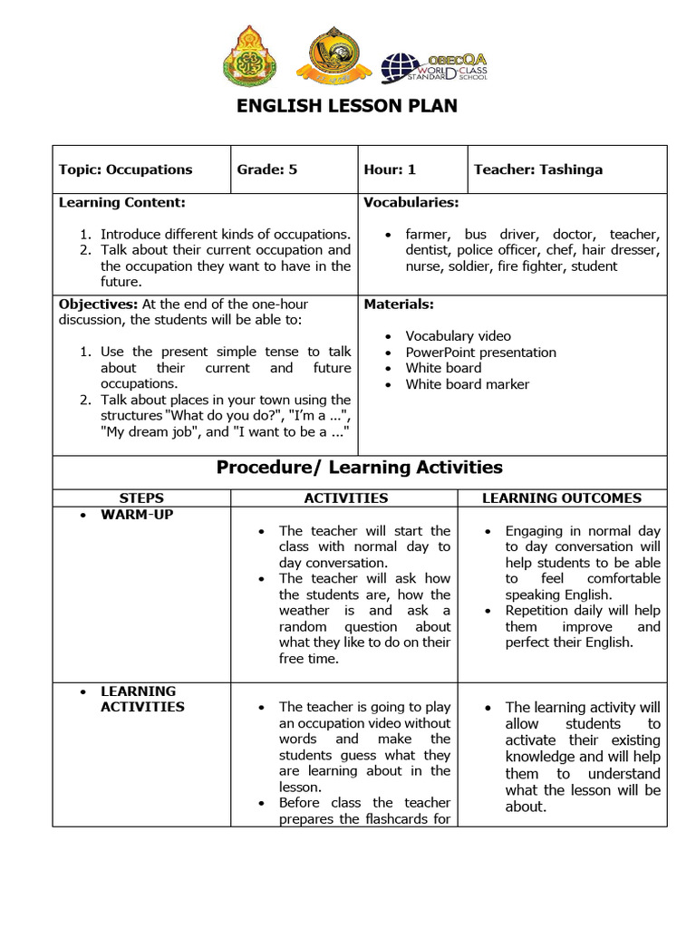 Occupations Lesson Plan | PDF | Flashcard | Vocabulary