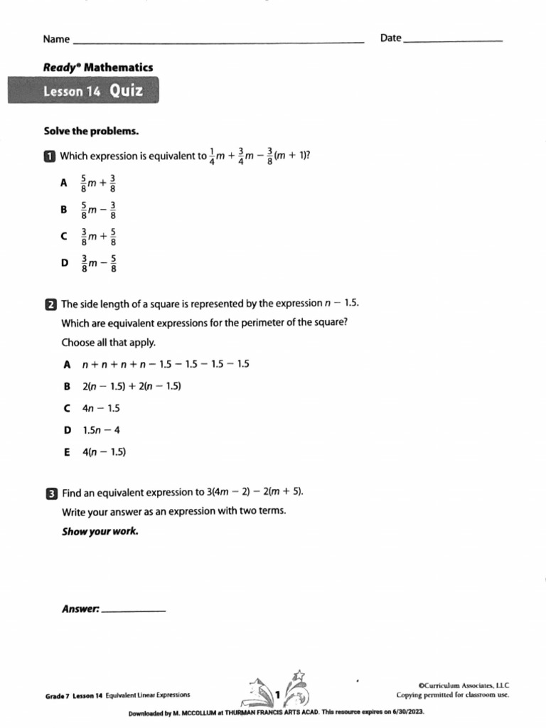 12.9 Equivalent Expressions Practice Problems (Lesson 14 Quiz) | PDF